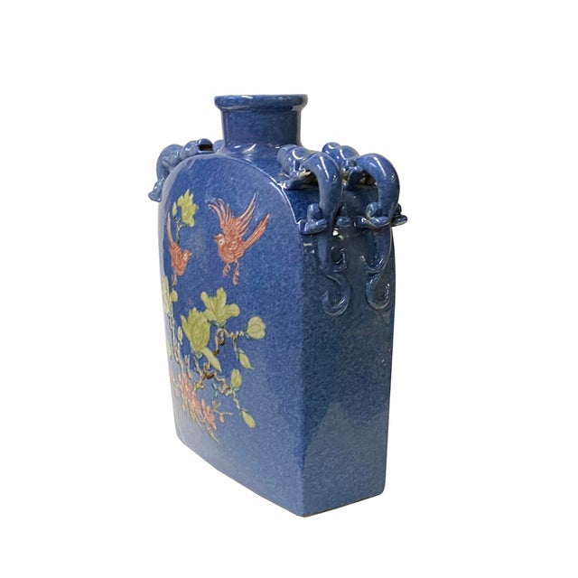 Chinese Last Night Blue Porcelain Flower Bird Rectangular Flat Flask ...