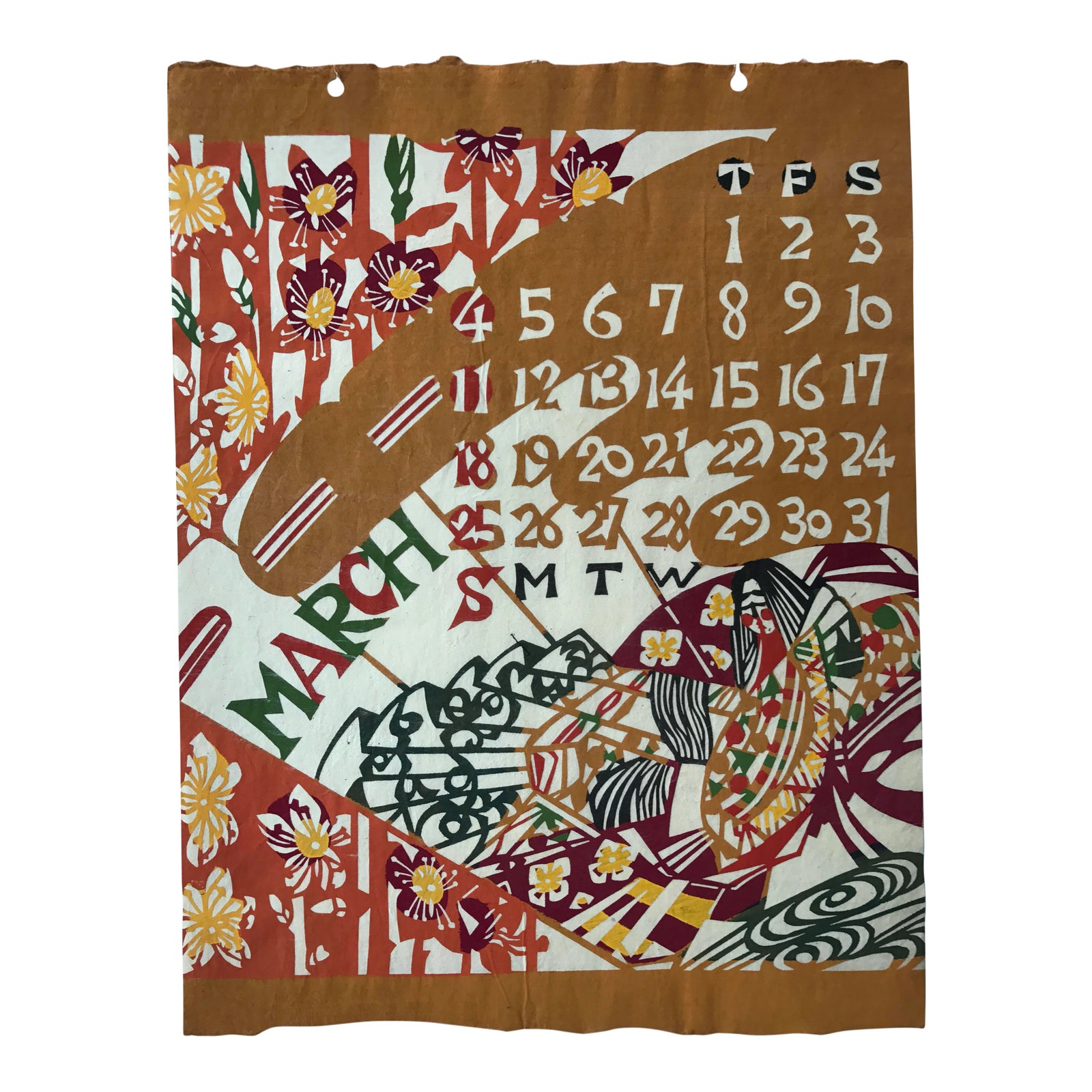Vintage Japanese Calendar Print Wall Art March | Chairish