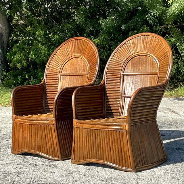 Vintage Coastal Split Rattan Fan Back Chairs - a Pair | Chairish