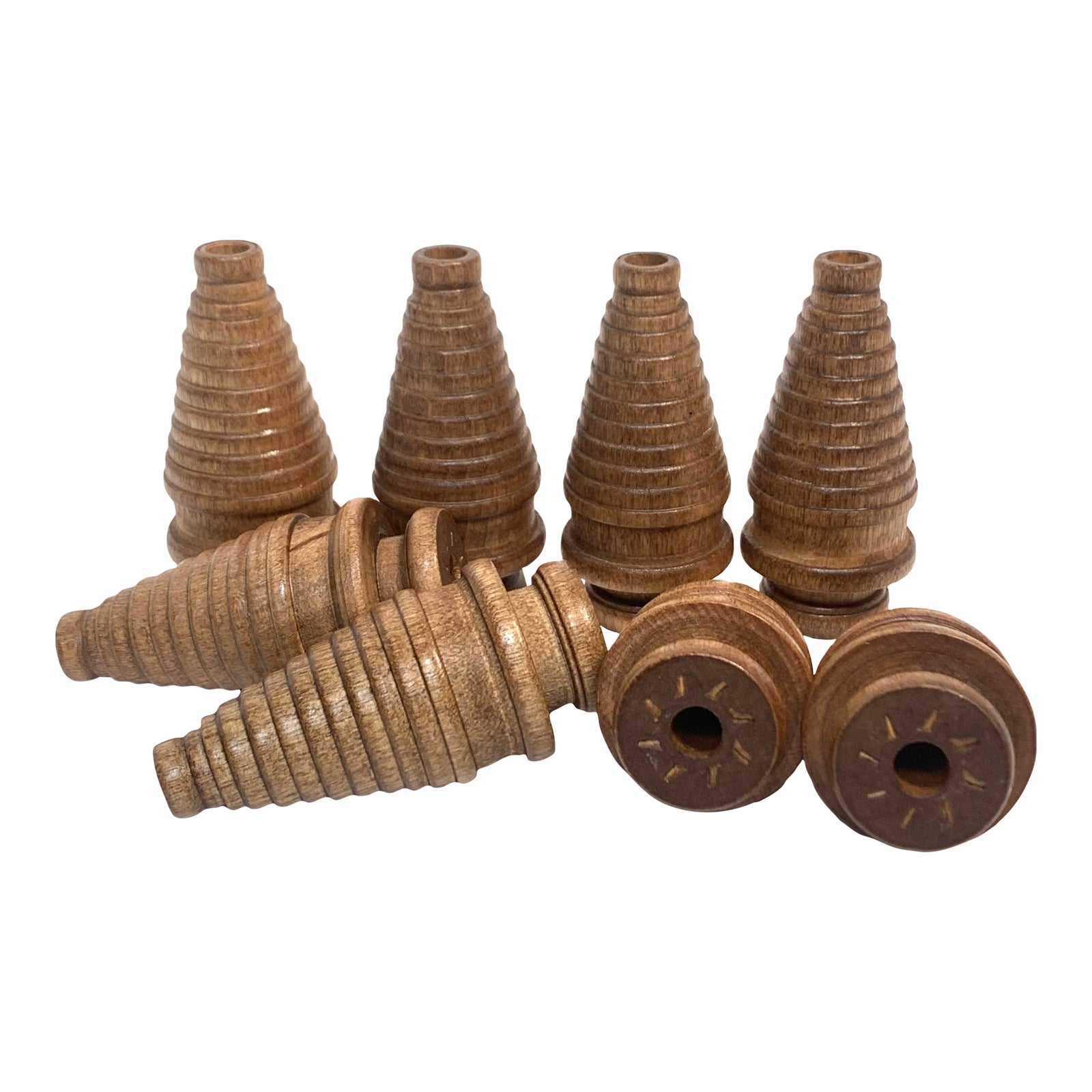 1980's Small Wooden Bobbins Spools Set of Eight | Chairish