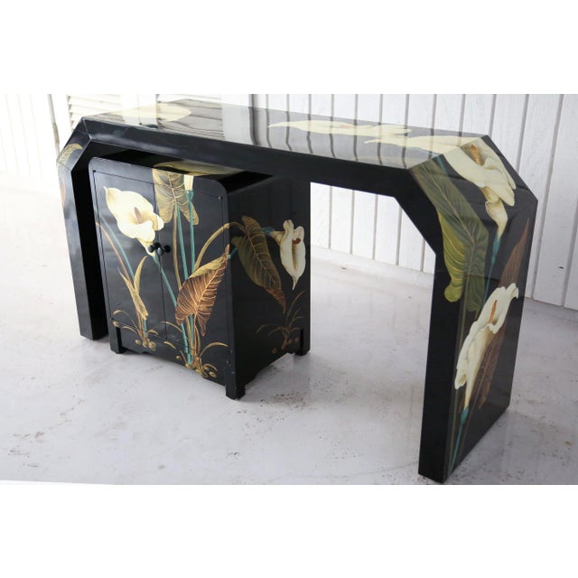 1970's Black Lacquer Hand-Painted Calla Lilies Console Table | Chairish