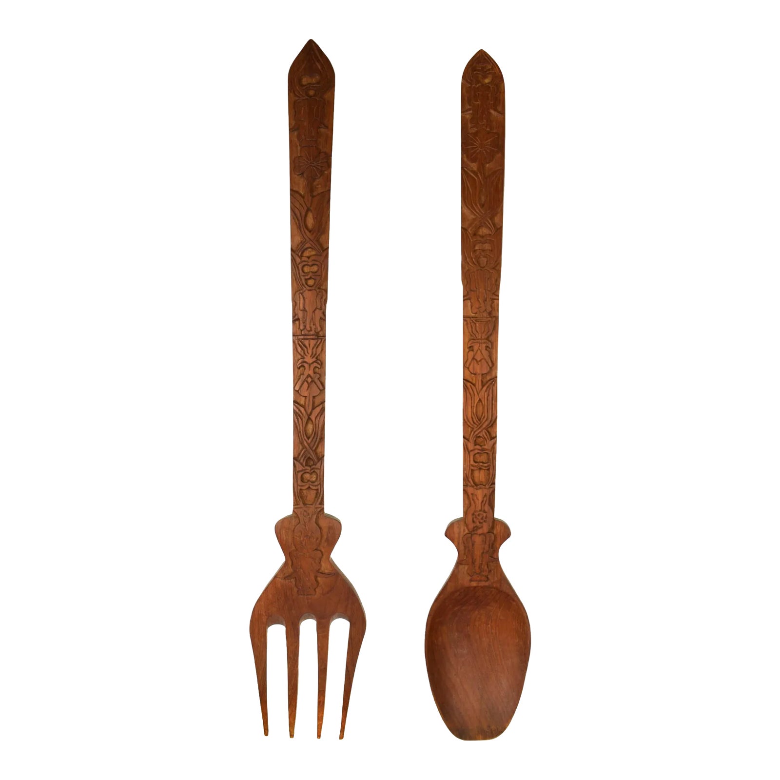 Mid 20th Century Tall Solid Wood Hand Carved Fork and Spoon With ...