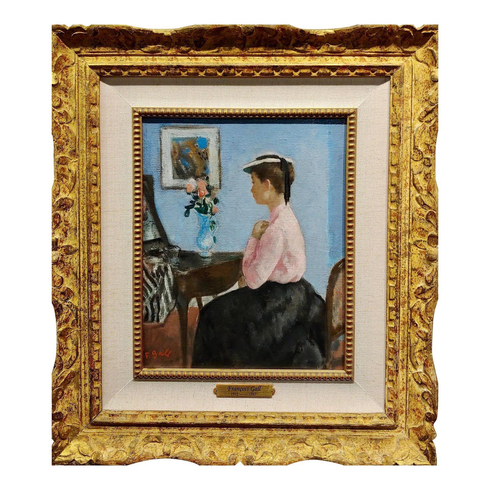 Francois Gall-Young Elegant Woman in Pink at Her Vanity Desk-Oil ...