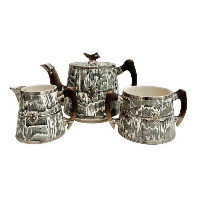 Antique Capper and Wood Faux Bois and Horn Earthenware Tea Set | Chairish