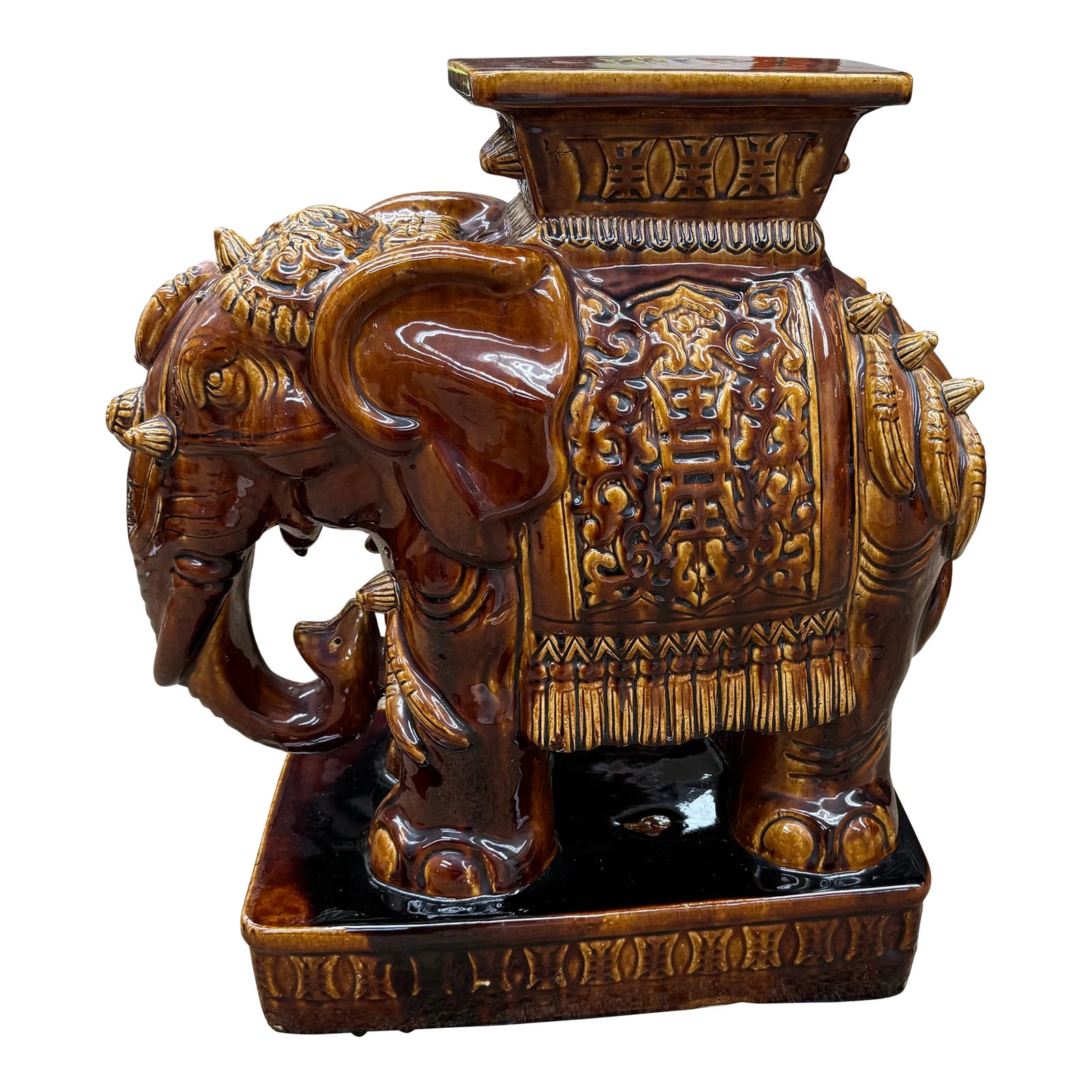 Vintage Brown Ceramic Elephant Garden Stool | Chairish