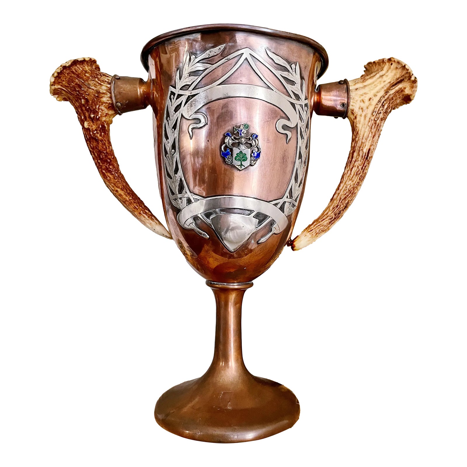 Antique Copper and Sterling Silver Trophy Cup With Antler Handles ...
