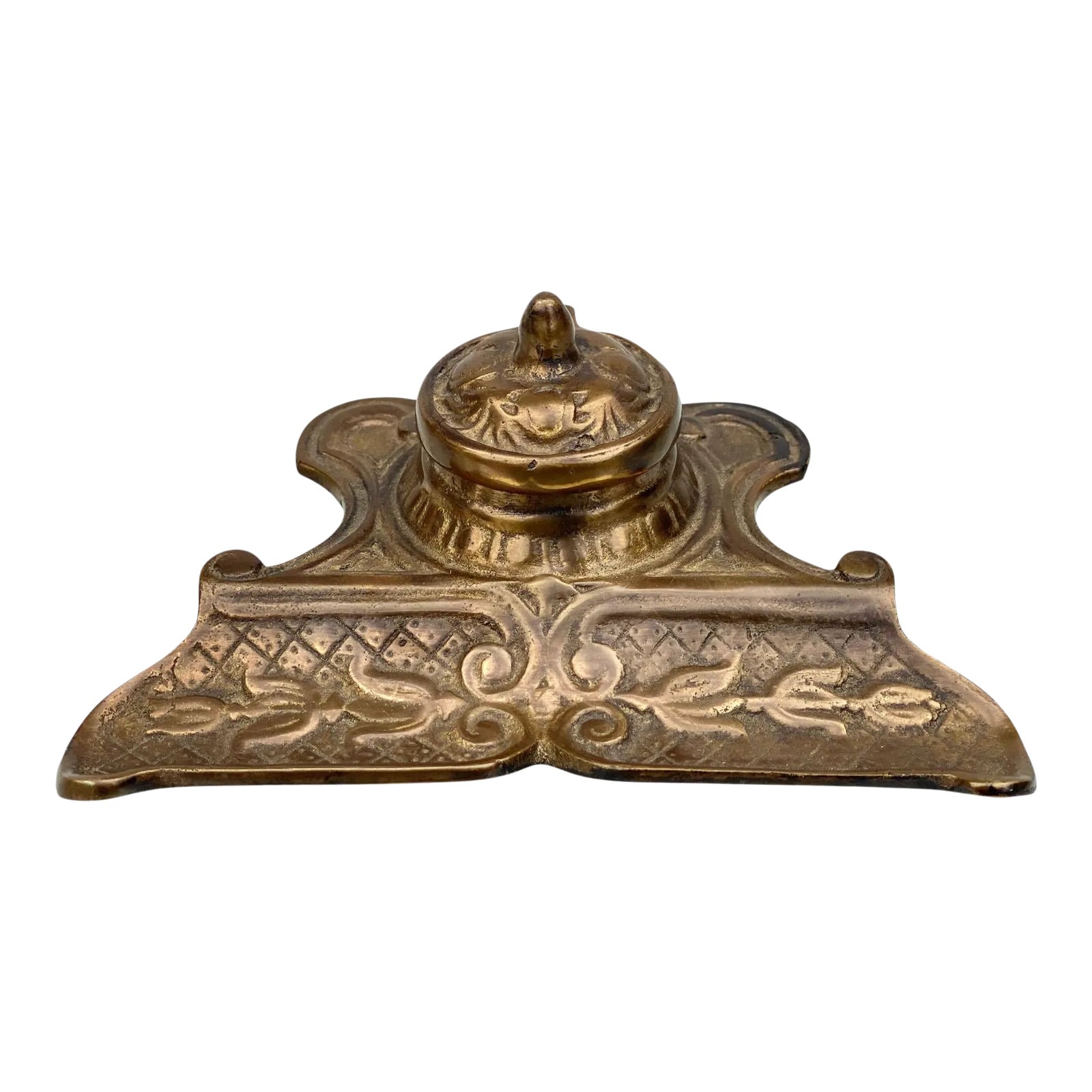 Vintage Victorian Gilded Brass Inkwell Fountain Pen Stand | Chairish