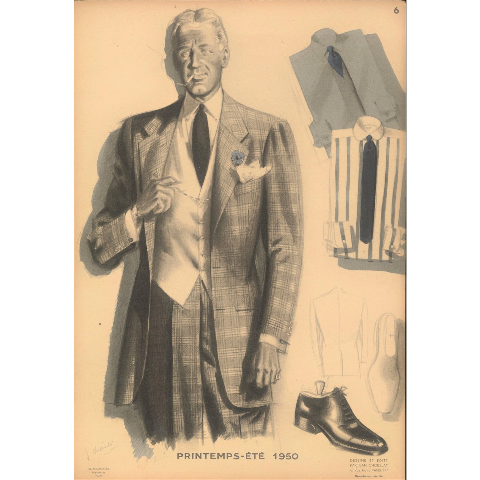 1950 Mid-Century French Men's Tailoring Fashion Lithograph, Matted ...