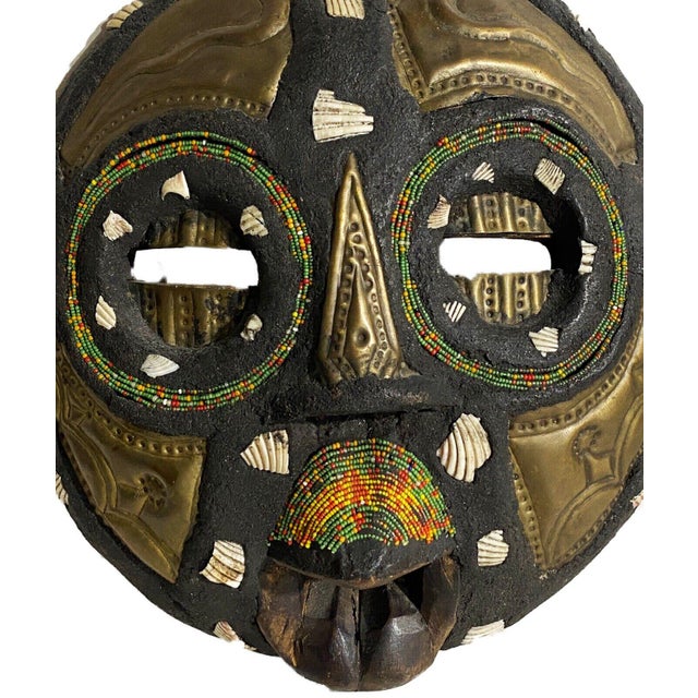 African Ashanti Vintage Tribal Wood Carved Beaded Mask Moon Face 10"h ...