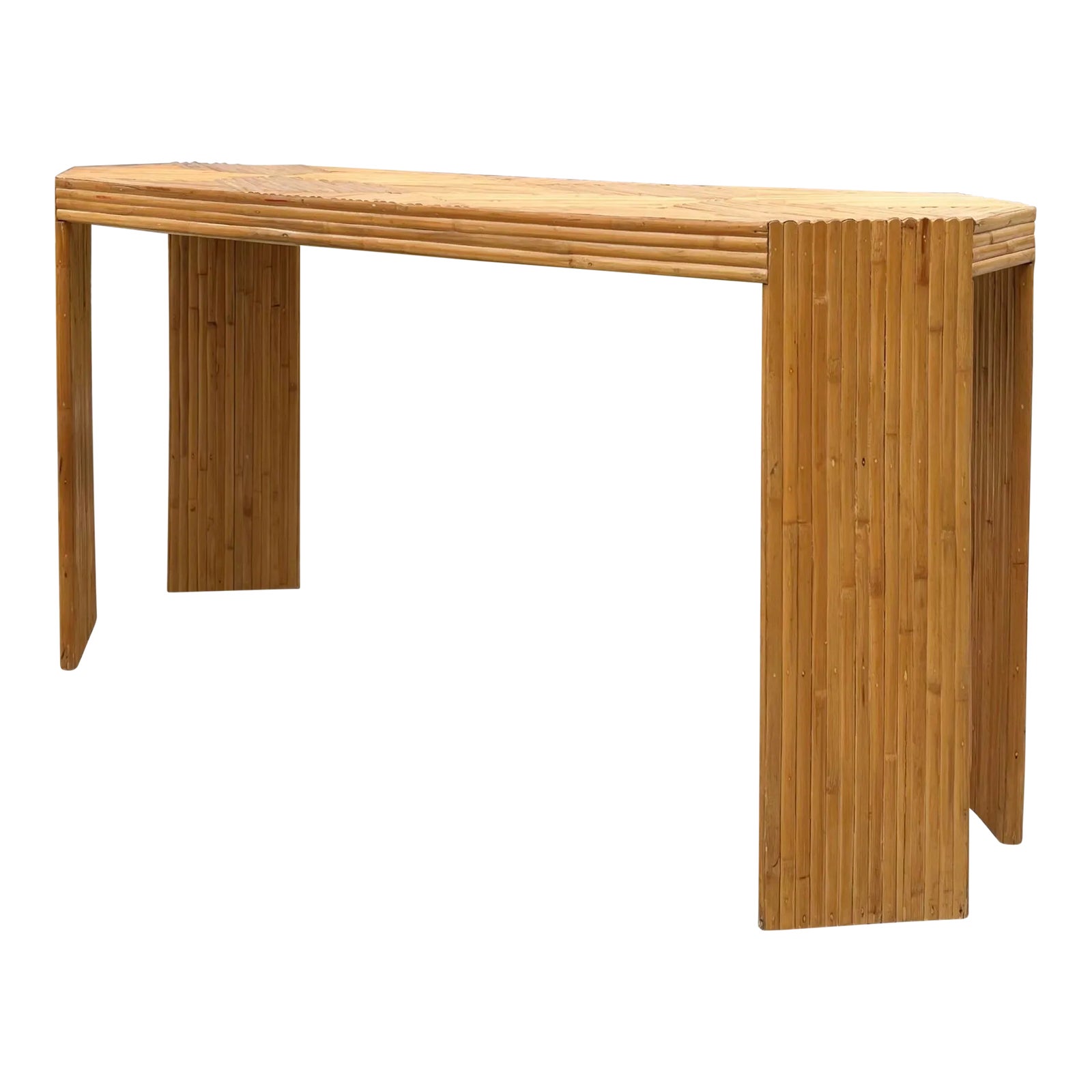 Boho Chic Modern Spilt Reed Console Table With Geometric Motif | Chairish