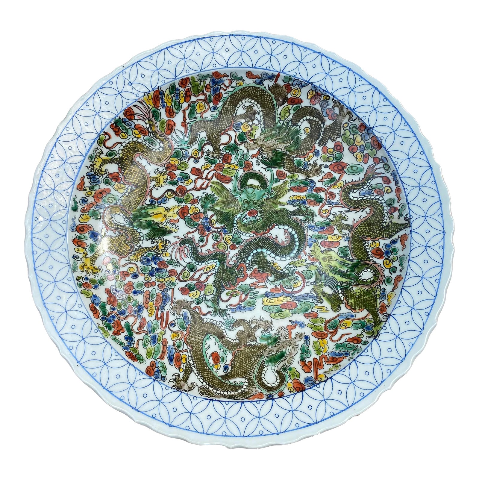 Large 20th Century Chinese Charger Featuring Dragons | Chairish