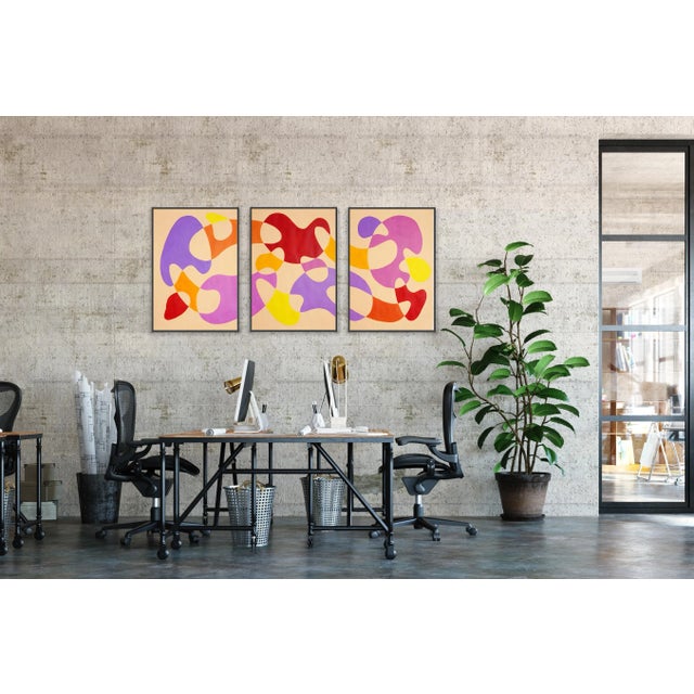 2024, Abstract Mid Century Shapes Triptych of Coral Curves, Acrylic Painting on Watercolor Paper ...