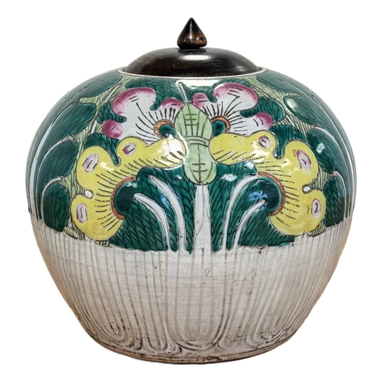 Antique Chinoiserie Famille Rose Cabbage Bok Choy Melon Jar | Chairish