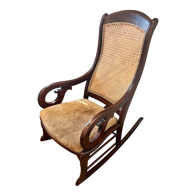 1970s Vintage Walnut Rocking-Chair With Cane Back and Suede Upholstered ...