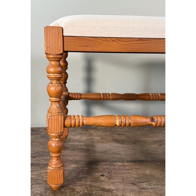 Vintage French Country Style Wood Upholstered Bench With Turned Legs ...