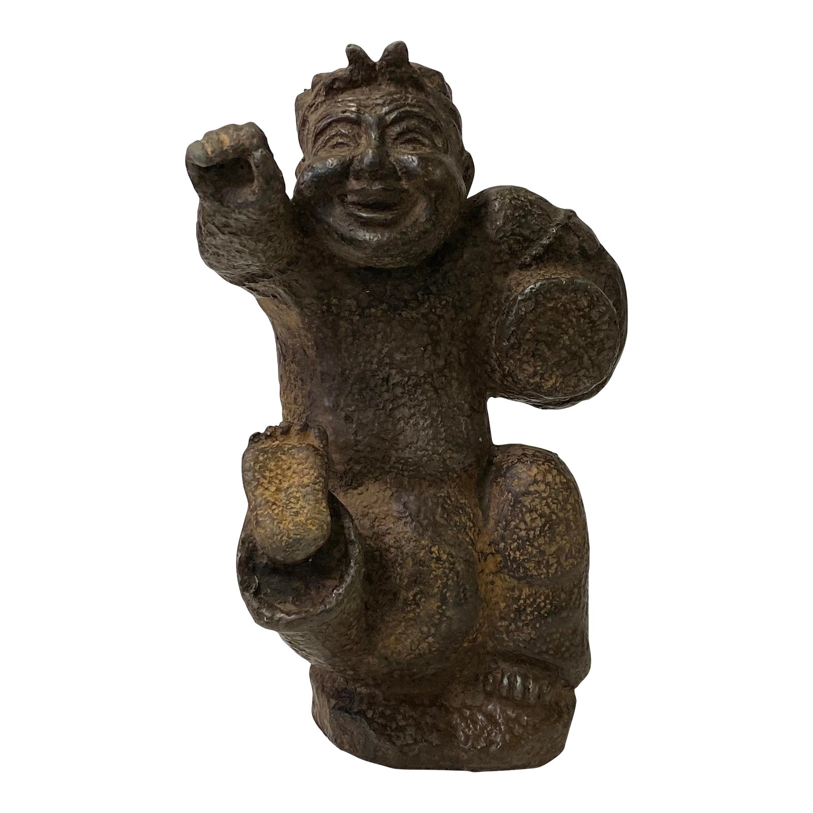 Chinese Distressed Brown Rough Marks Man Playing Drum Figure | Chairish