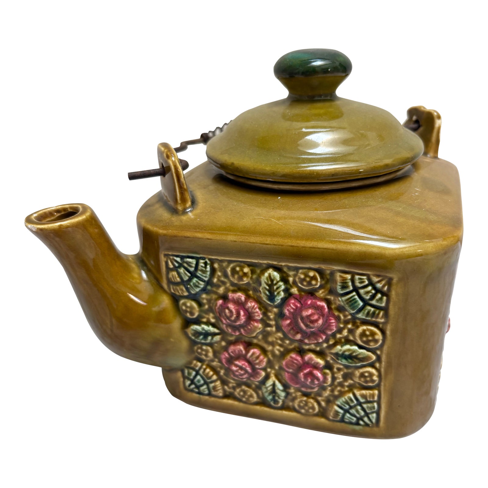 Vintage Green Floral Textured Teapot | Chairish