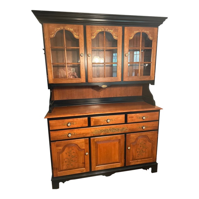 1980s Hitchcock Colonial Maple Decorated Lighted Hutch | Chairish