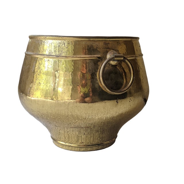 Vintage Hammered Brass Cachepot Jardiniere With Ring Pulls | Chairish
