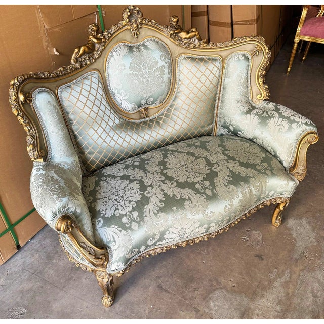 French Rococo Style Sofa Sky Blue Color and Gold Leaf Details | Chairish
