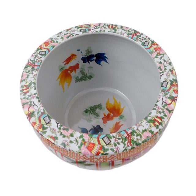 Rose Medallion Porcelain Fishbowl With Swimming Gold Fish Inside | Chairish