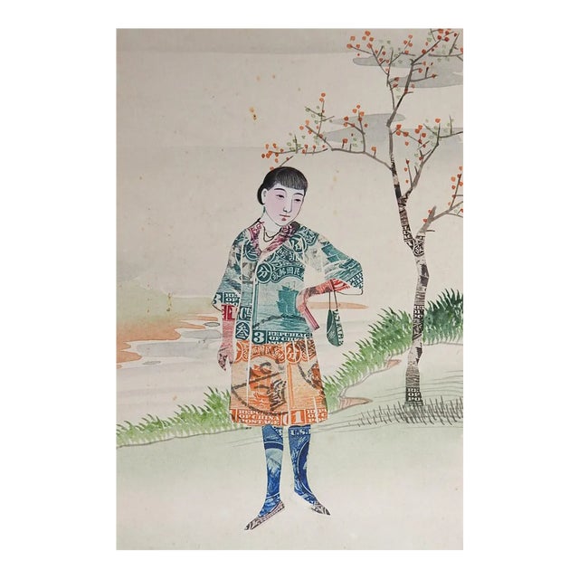 Vintage Chinese Collage With Stamps Postcard Stylish Young Woman | Chairish