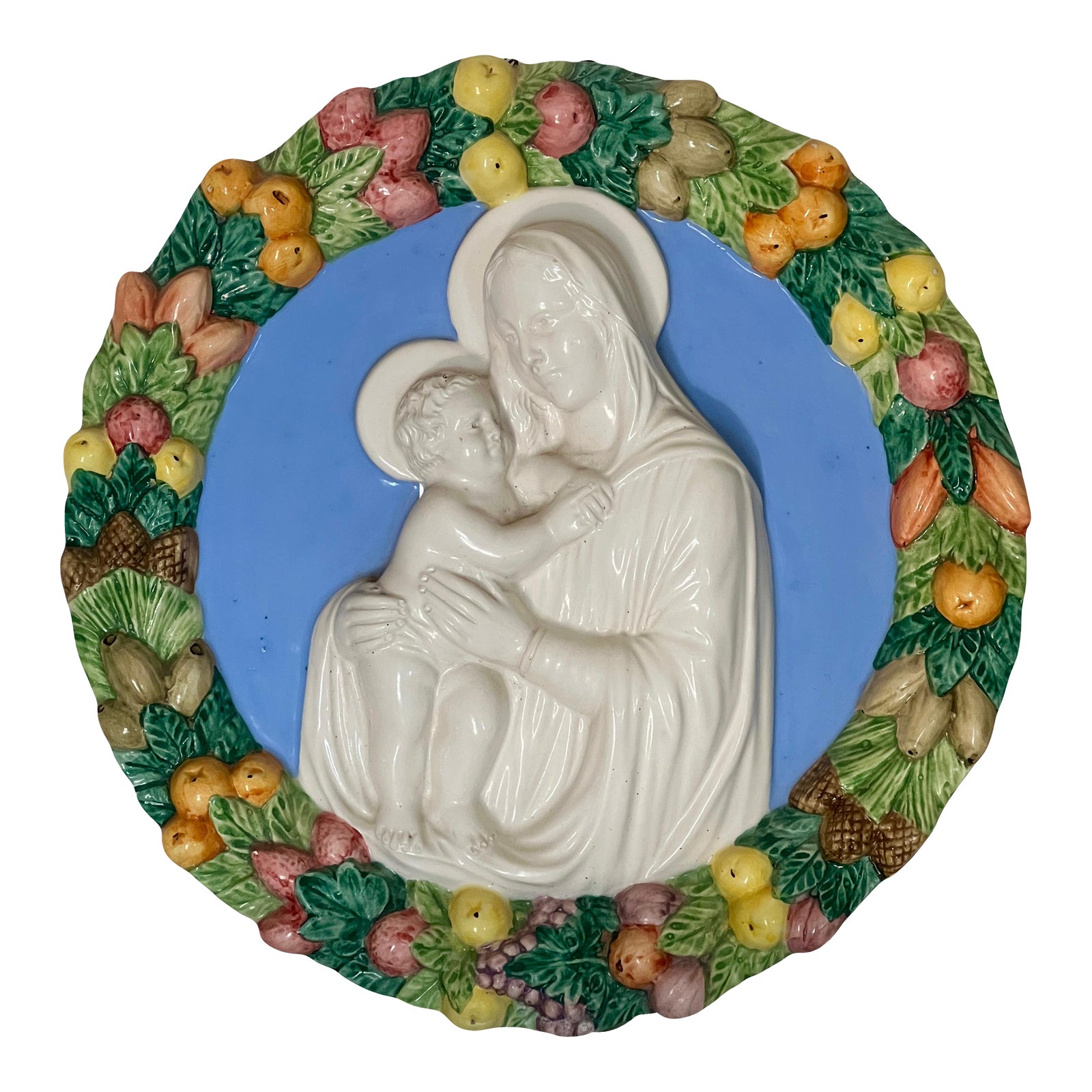 Vintage Italian Blue and White Madonna and Child Ceramic Wall Plaque ...