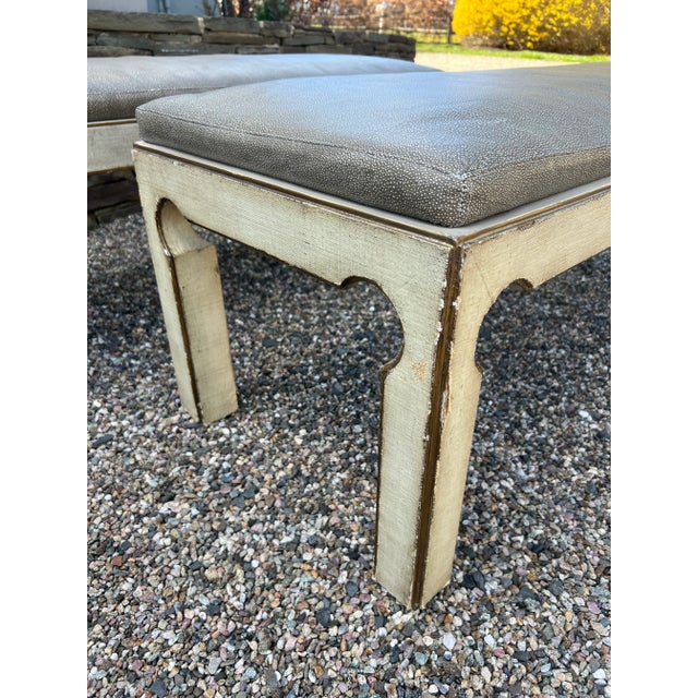 Pair of Baker Furniture Wood and Leather Benches | Chairish