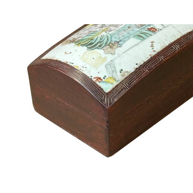 Chinese Old White Base Color People Graphic Porcelain Brown Wood Box ...