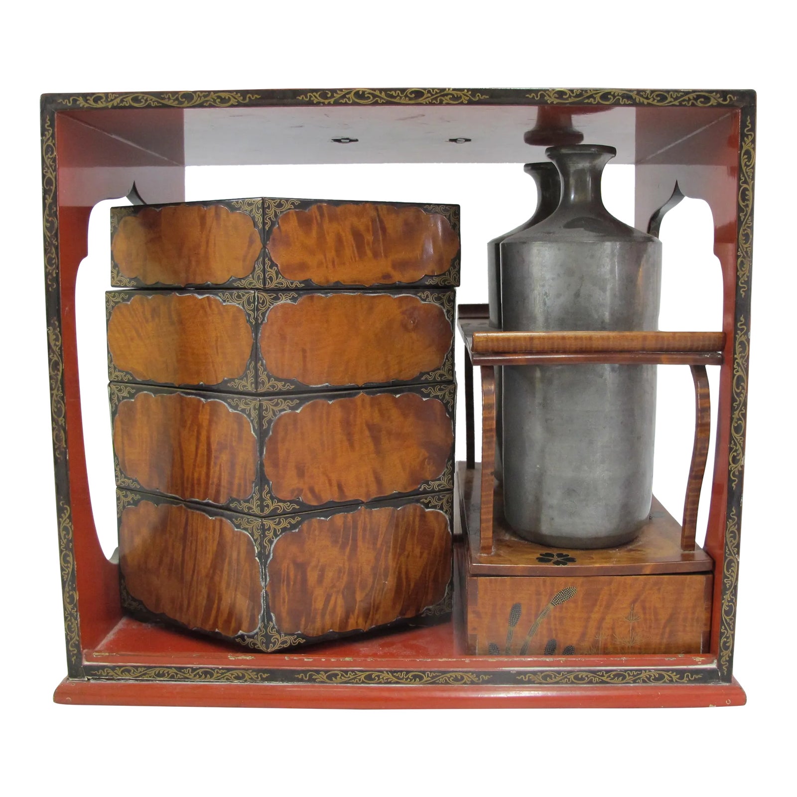 Japanese Sage Jubako Red & Gold Gilt Cherry Blossom Lacquer Picnic Food ...