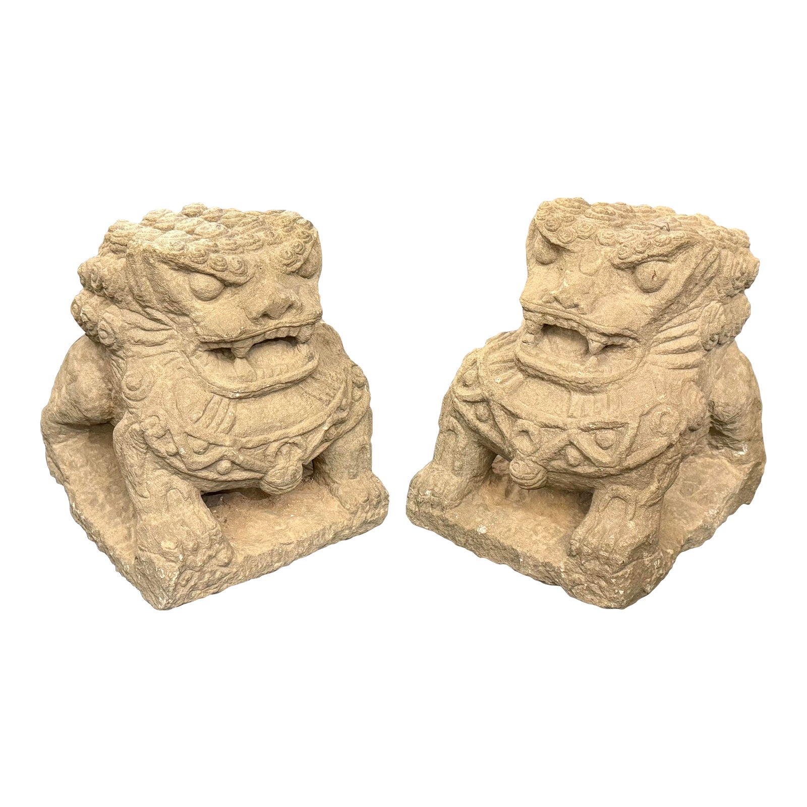 Antique Hand Carved Limestone Foo Dog Protectors, a Pair | Chairish
