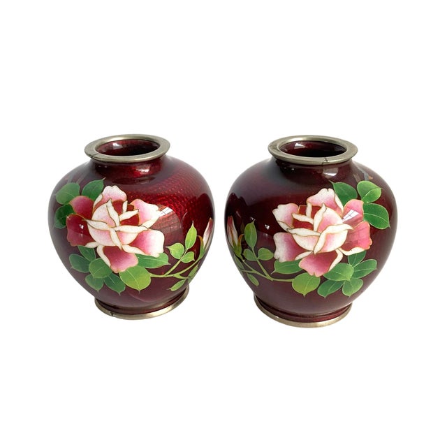 Vintage Japanese Akasuke Ginbari Cloissone Petite Vases Pigeon Blood ...