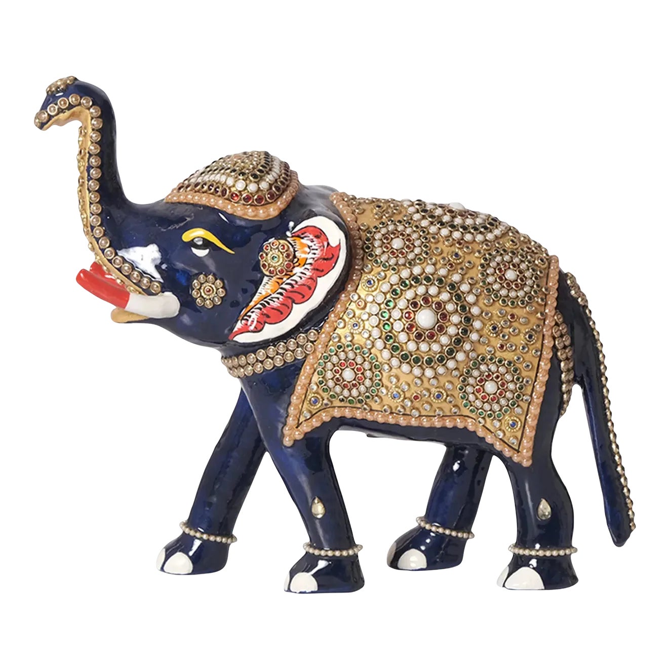 Ornate Blue Gold Elephant Statue With Stone Jewels | Chairish