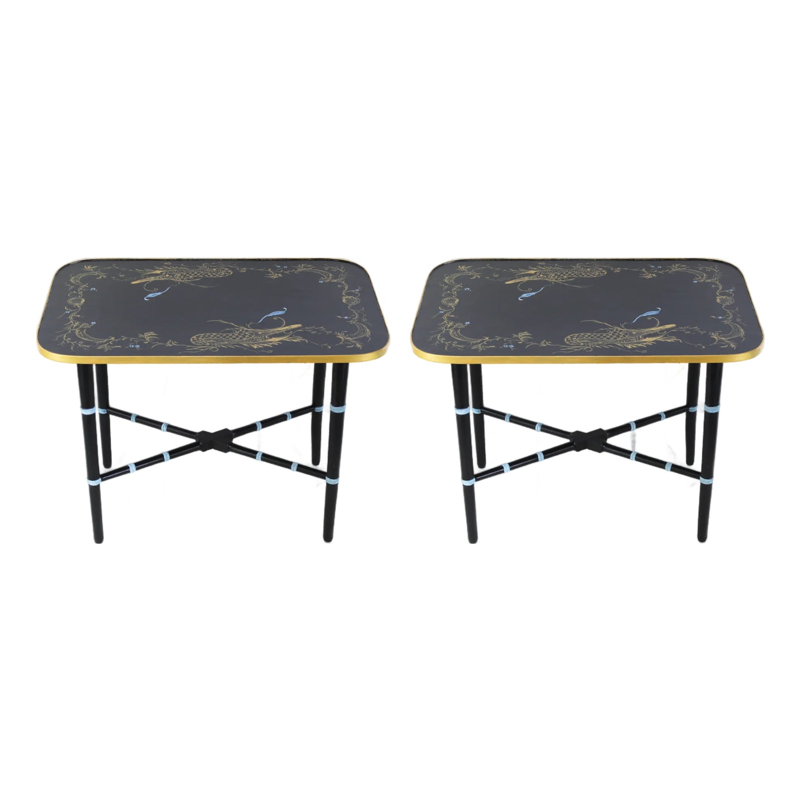 Pair of Vintage Black Lacquer Chinoiserie Side Tables With Gilt Peacock ...