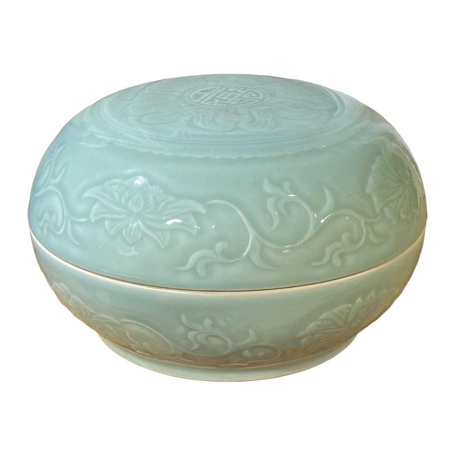 Chinoiserie Hand Carved Celadon Box 9.5" D | Chairish