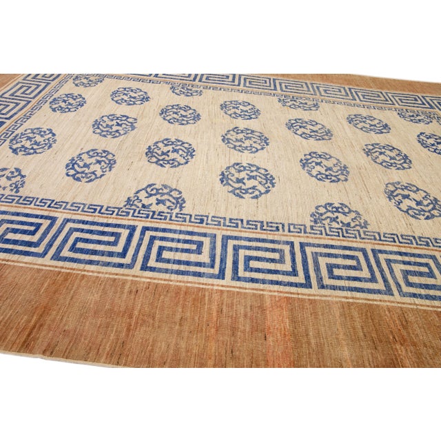 Modern Handmade Blue Greek Key Pattern Beige Oversize Wool Rug | Chairish