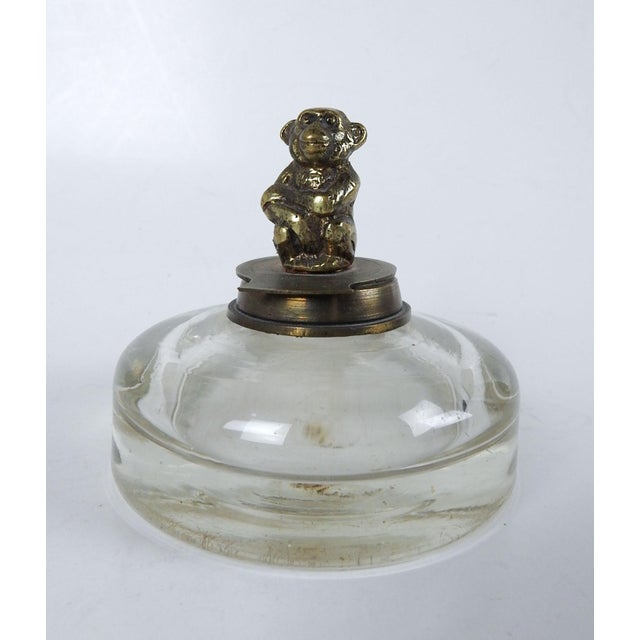 Antique Blown Glass Inkwell With Brass Monkey Hinged Lid | Chairish