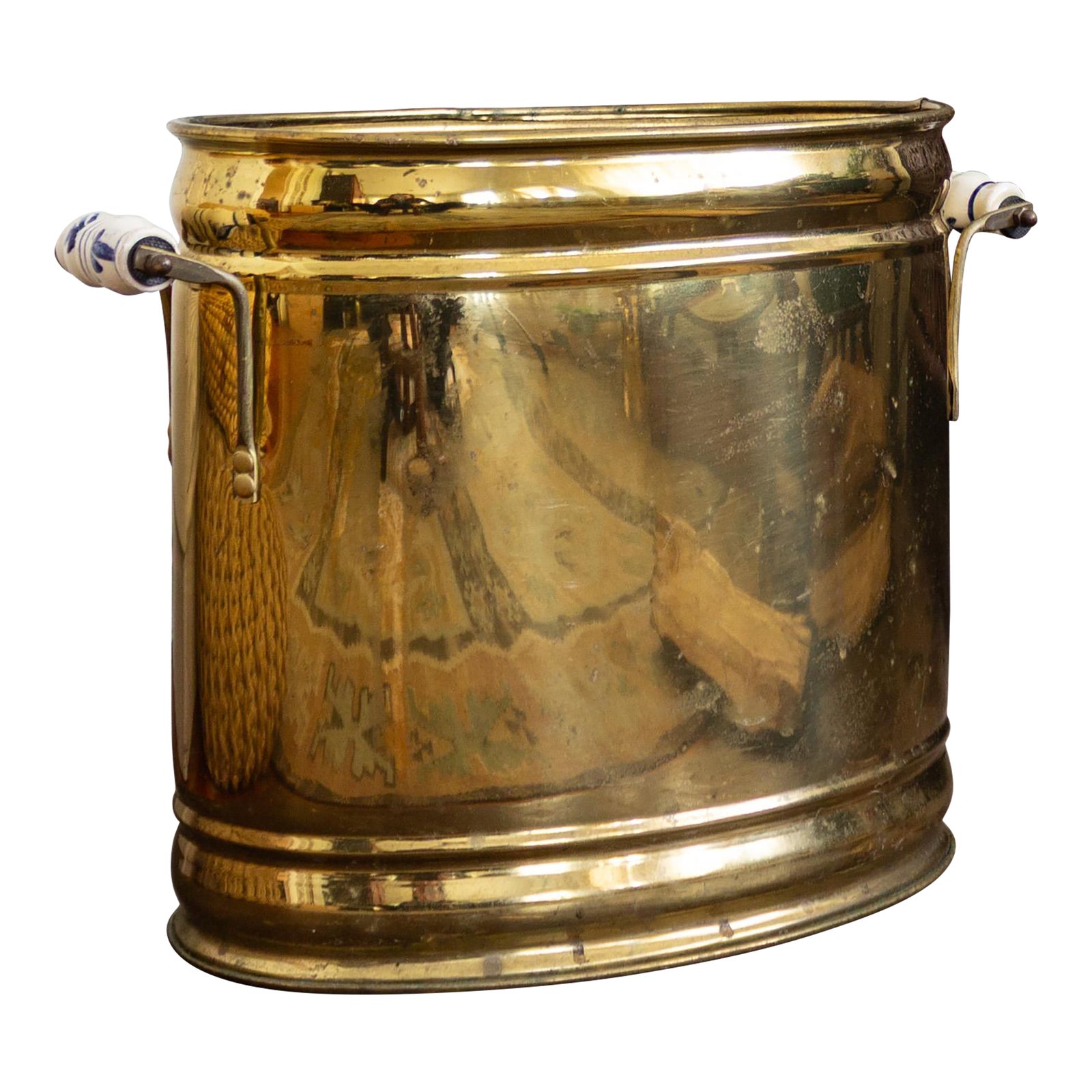 Dutch Brass Fire Kindling Holder With Delft Handles | Chairish