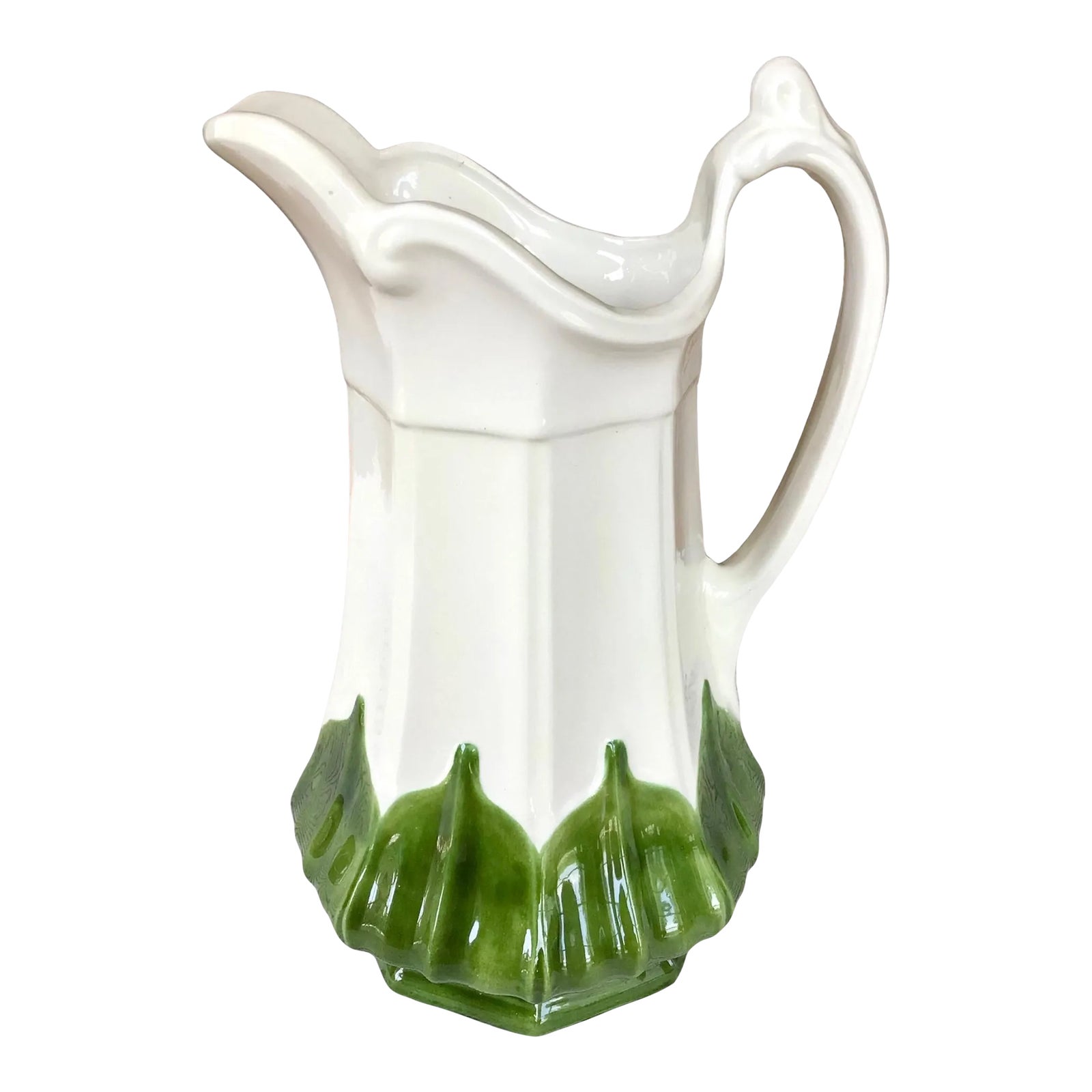 Vintage Hand-Painted Large Ceramic Pitcher With Leaf Design Trim | Chairish
