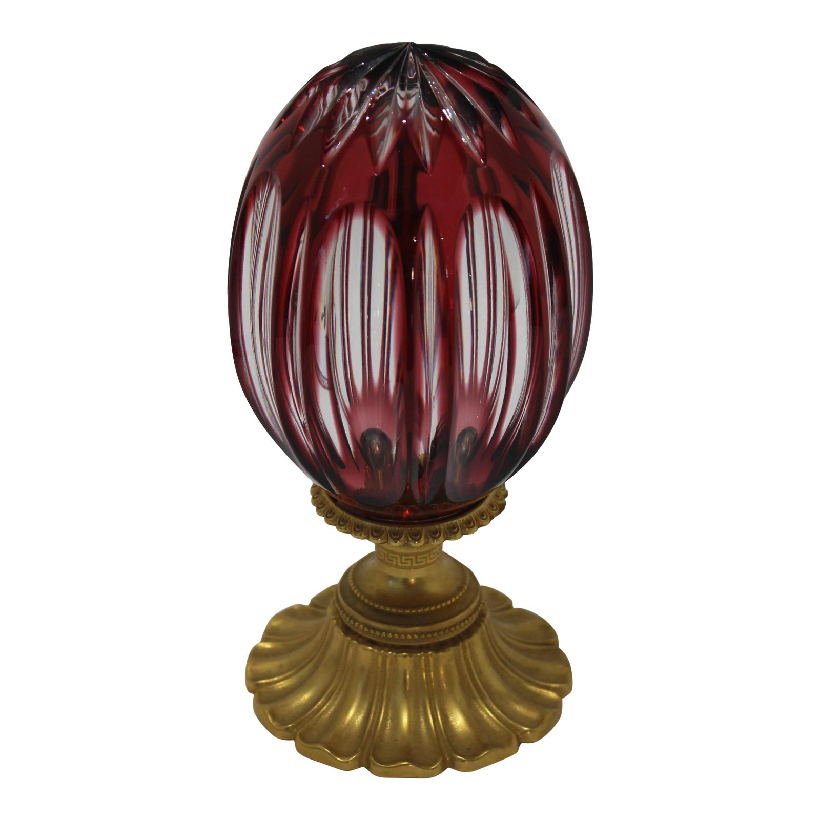 1970s Ruby Red Cut to Clear Crystal Egg on Bronze Doré Greek Key Stand ...