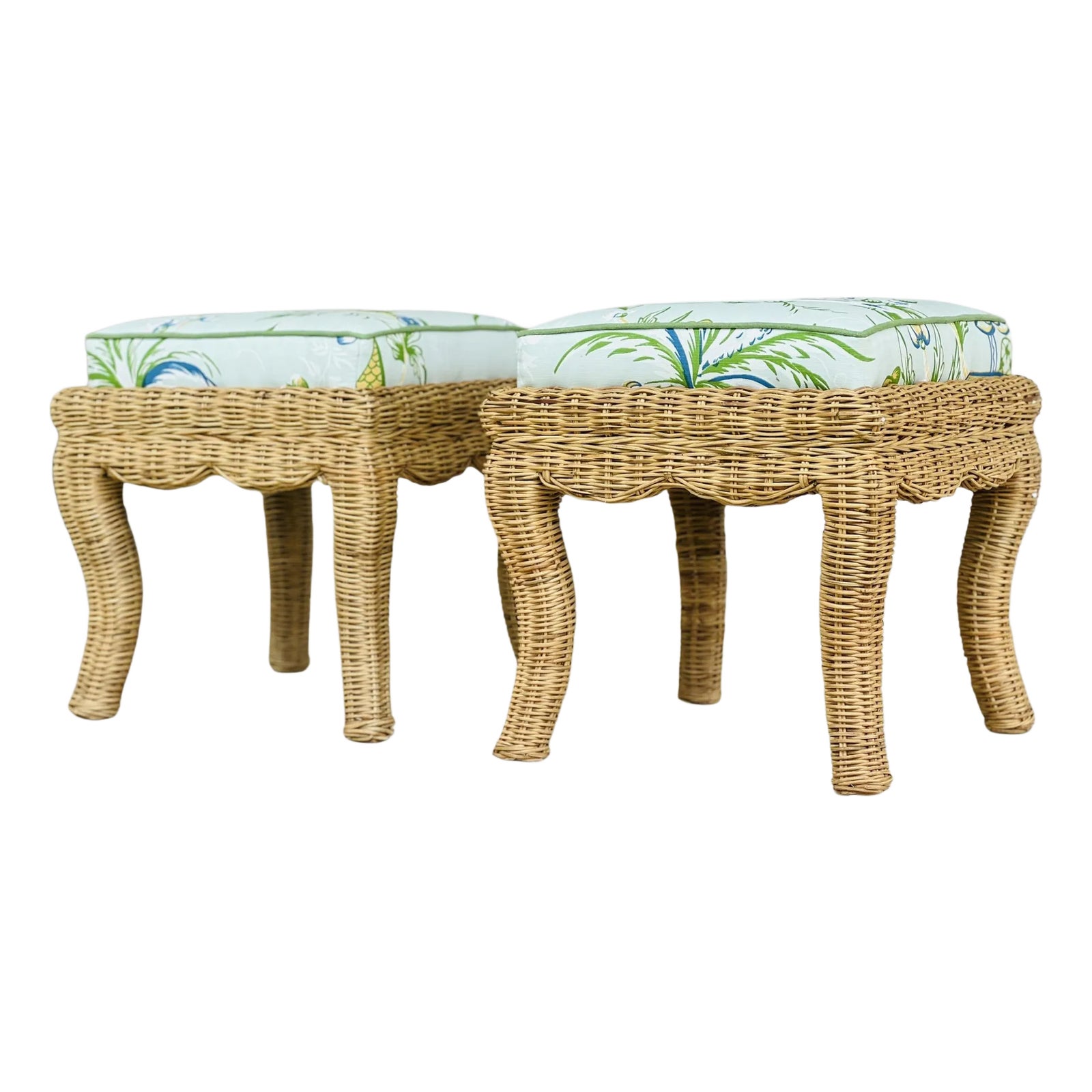 Pair Scalloped Wicker/Rattan Benches in Quadrille China Seas | Chairish