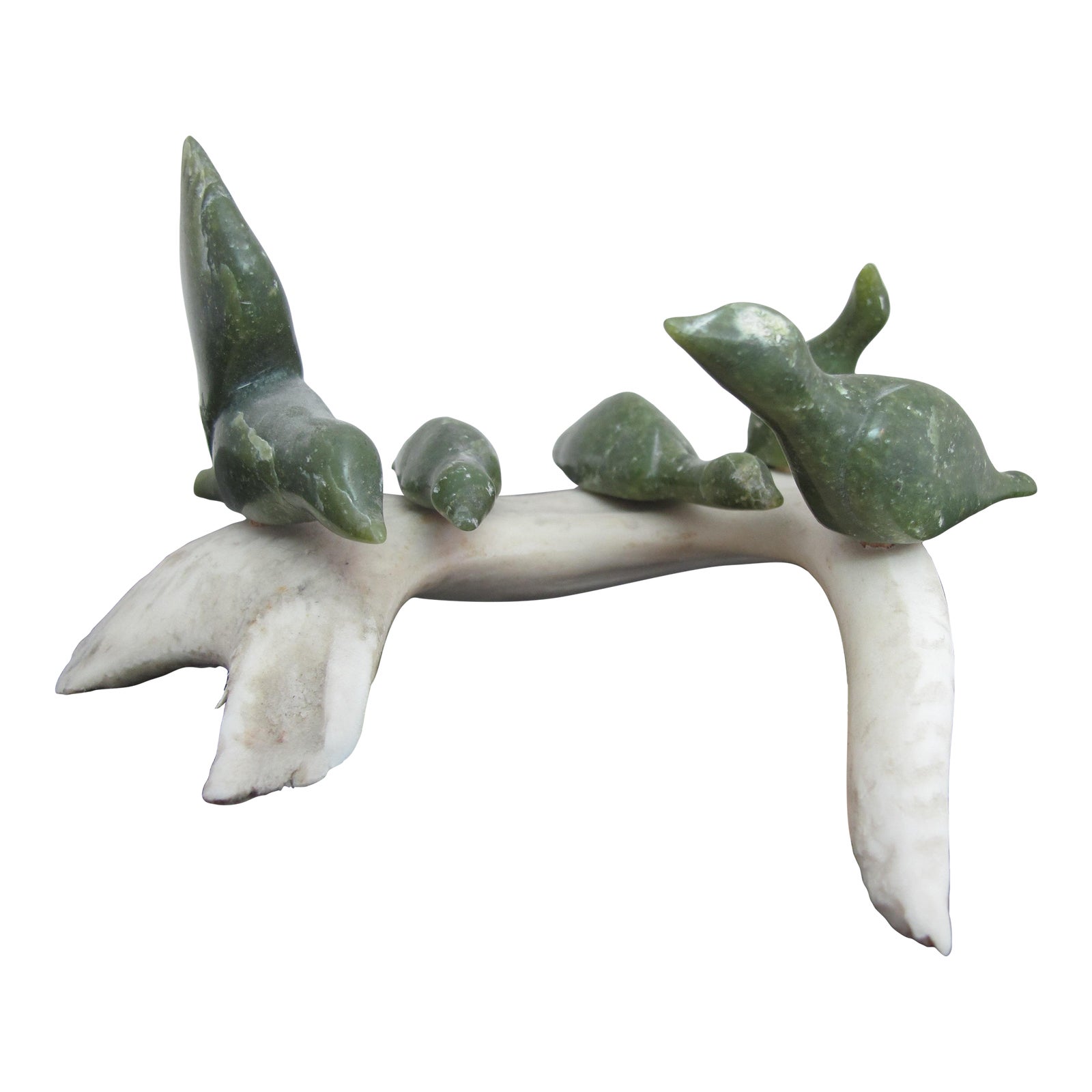 Canadian Native Inuit Carved Green Stone Birds on Antler by Tr McPhee ...