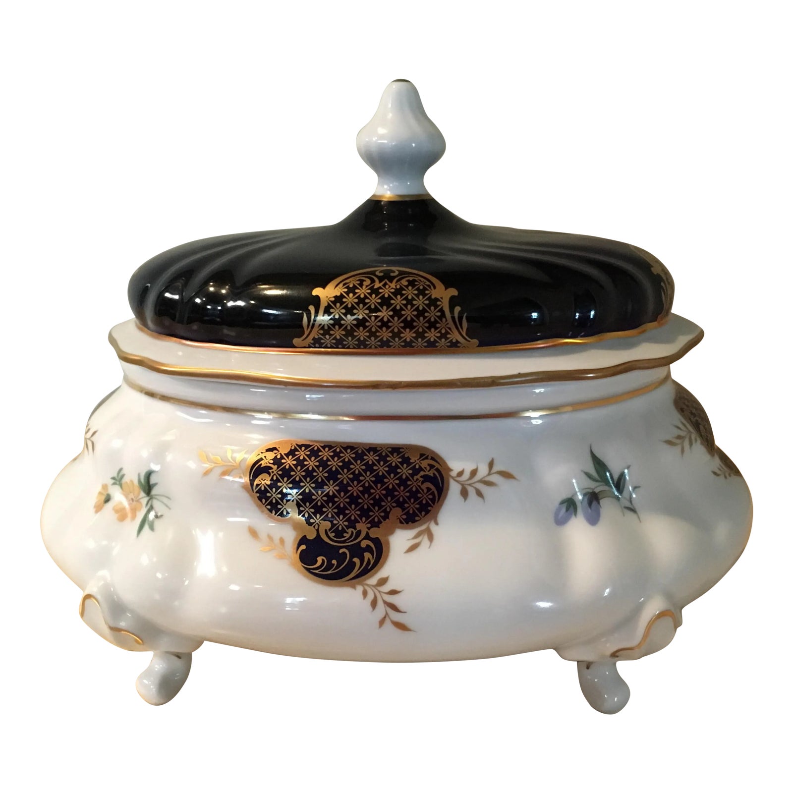 Vintage Weimar Porsellen Echt Kobalt Footed Dish With Lid | Chairish