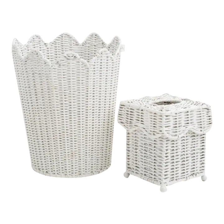 Scalloped Wicker Waste Basket and Tissue Box Set, White | Chairish