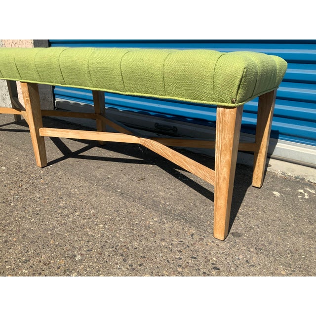 Mid Century Modern Long Tufted Oak Bench | Chairish
