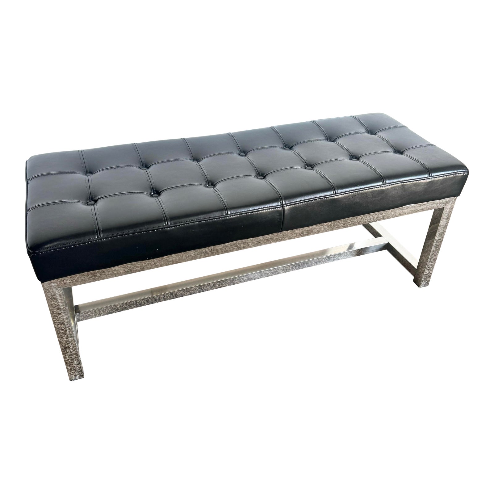 Modern Chrome and Tufted Vinyl Bench | Chairish