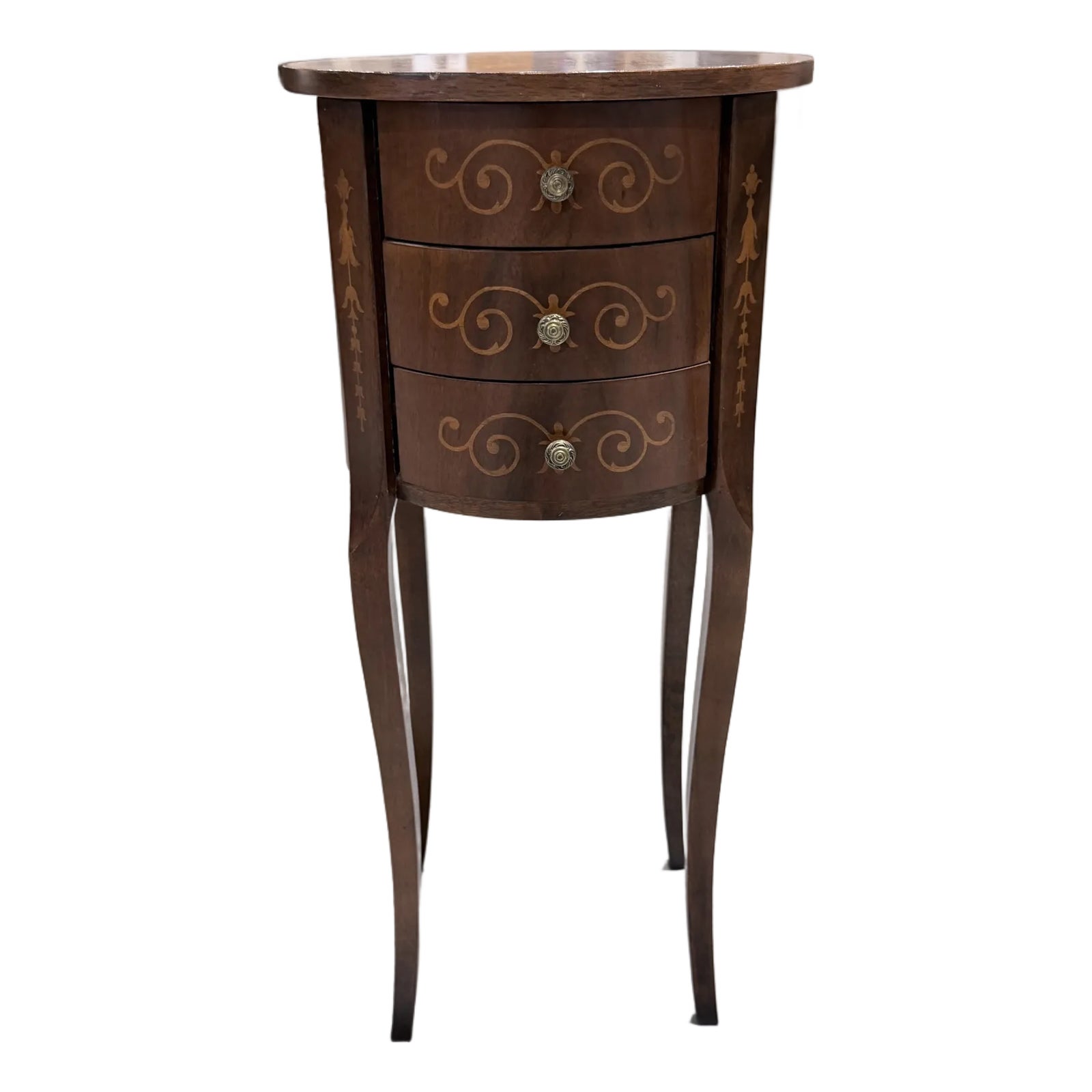 Vintage Italian Inlaid Round Three Drawer Chest Table | Chairish