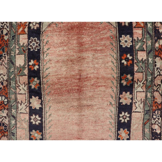 Vintage Turkish Oushak Rug In Solid Background With Multiple Defining Borders Of Geometric 