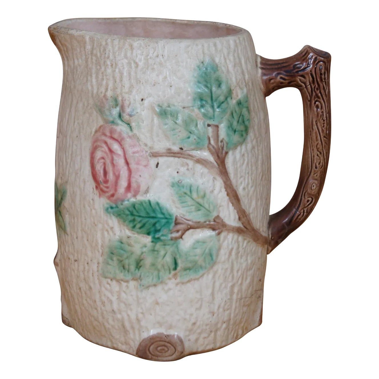 Antique Majolica Arsenal Wild Rose Rustic Tree Bark Creamer Pitcher Jug ...