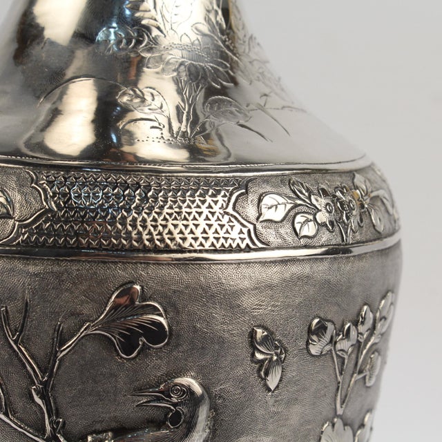 Antique Signed Chinese Export Sterling Silver Vase With Landscape and ...